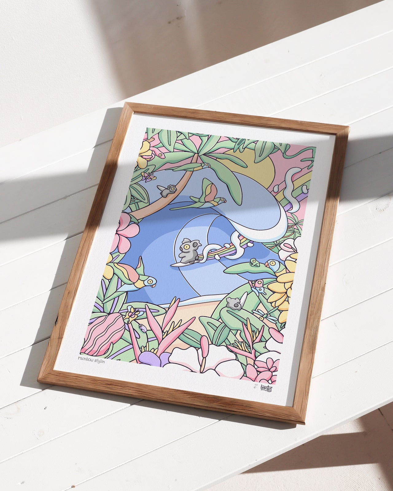 Rainbow Stylin Surfing Koala Art Print - Brentos