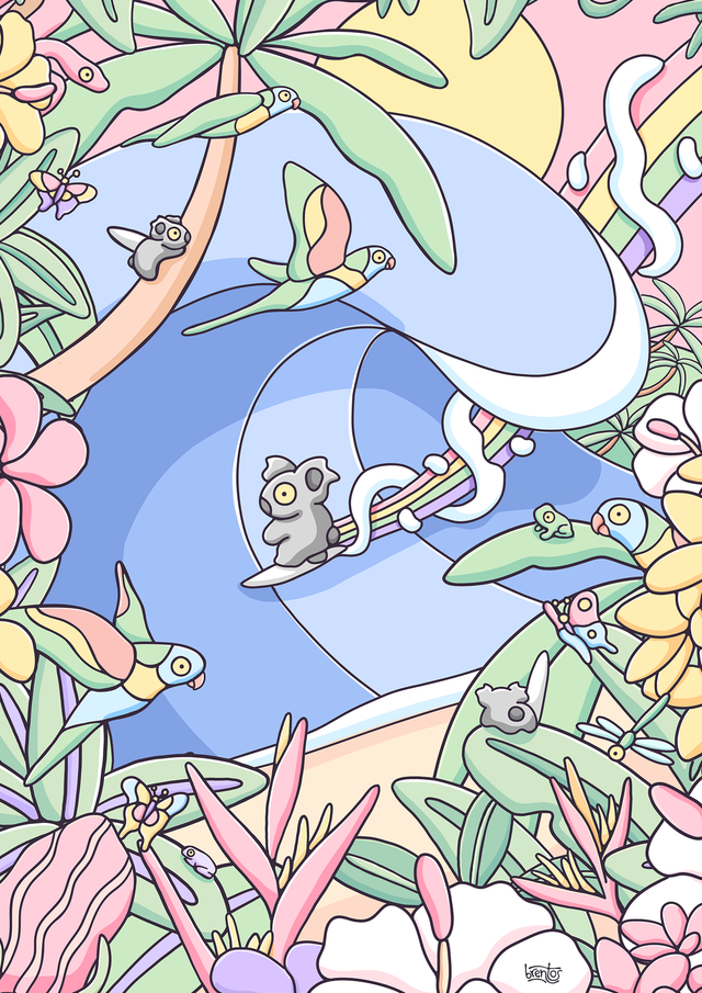 Rainbow Stylin Surfing Koala Art Print - Brentos