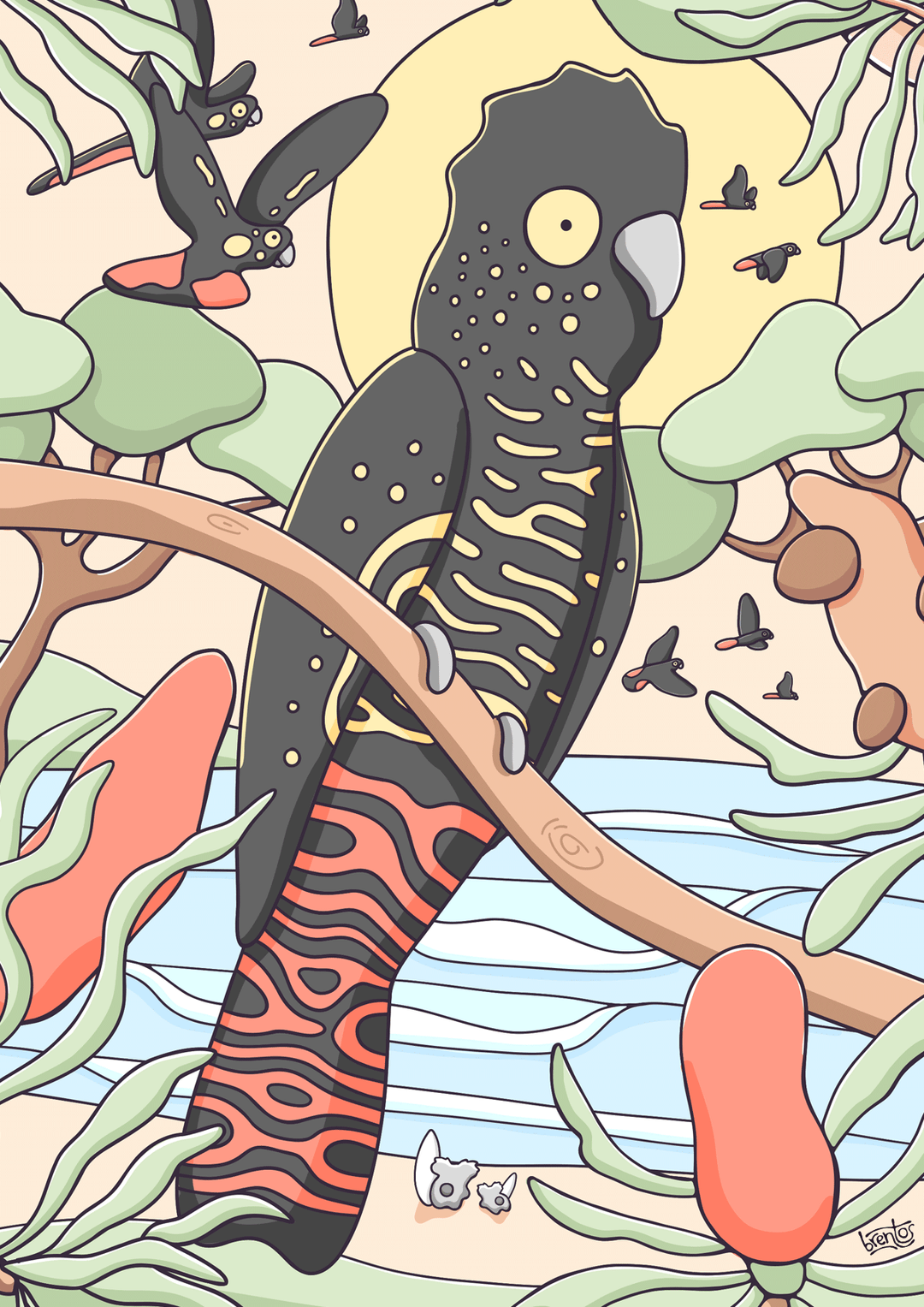 Red-Tailed Black Cockatoo on a Beach Art by Brentos