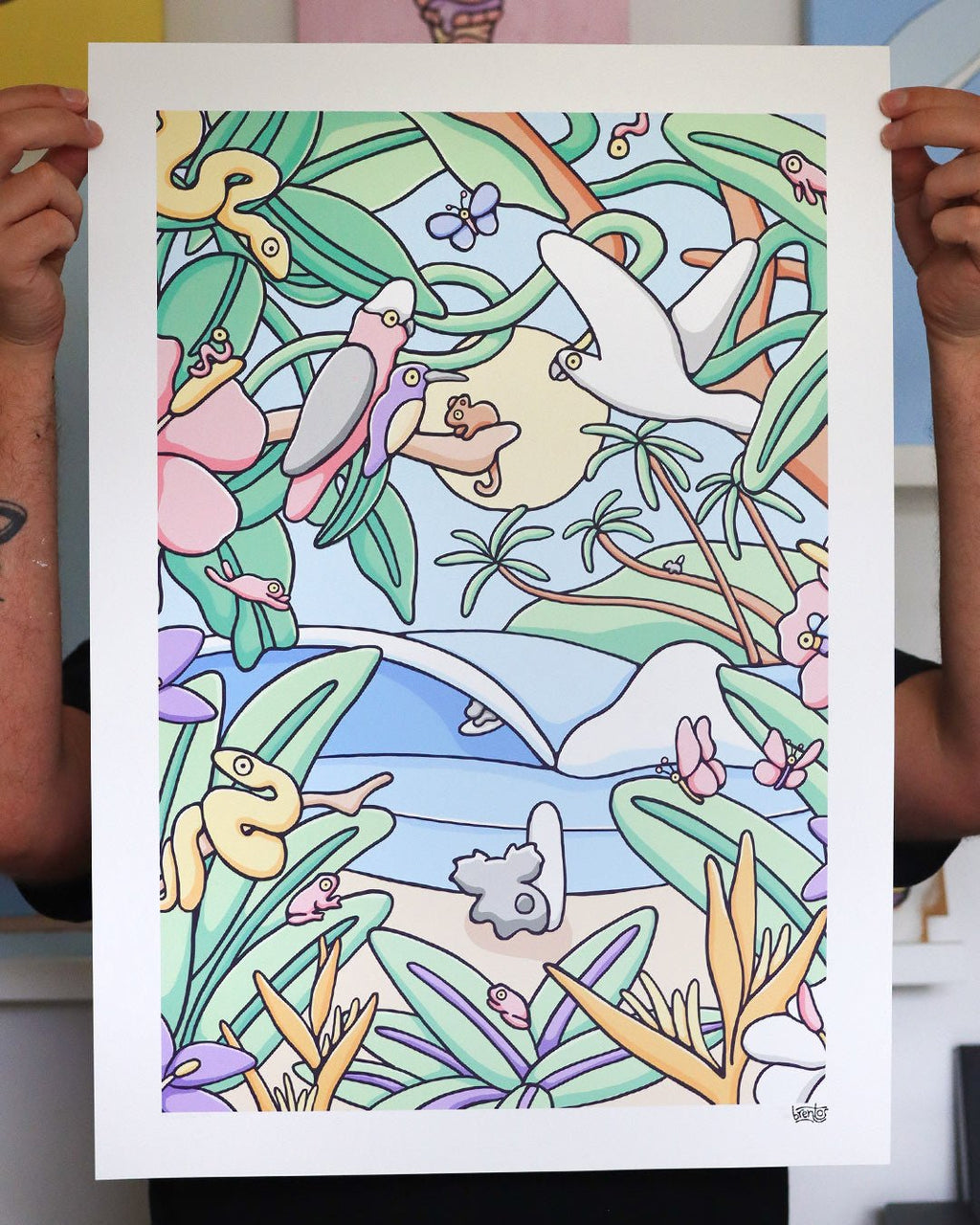 A Beautiful Day Art Print of a Surfing Koala on Tropical Beach - Brentos